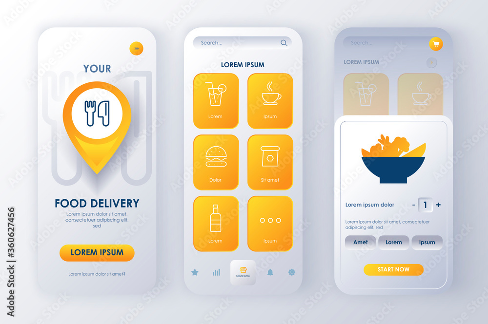 Stock-Vektorgrafik „Delivery food unique neomorphic design kit for app ...