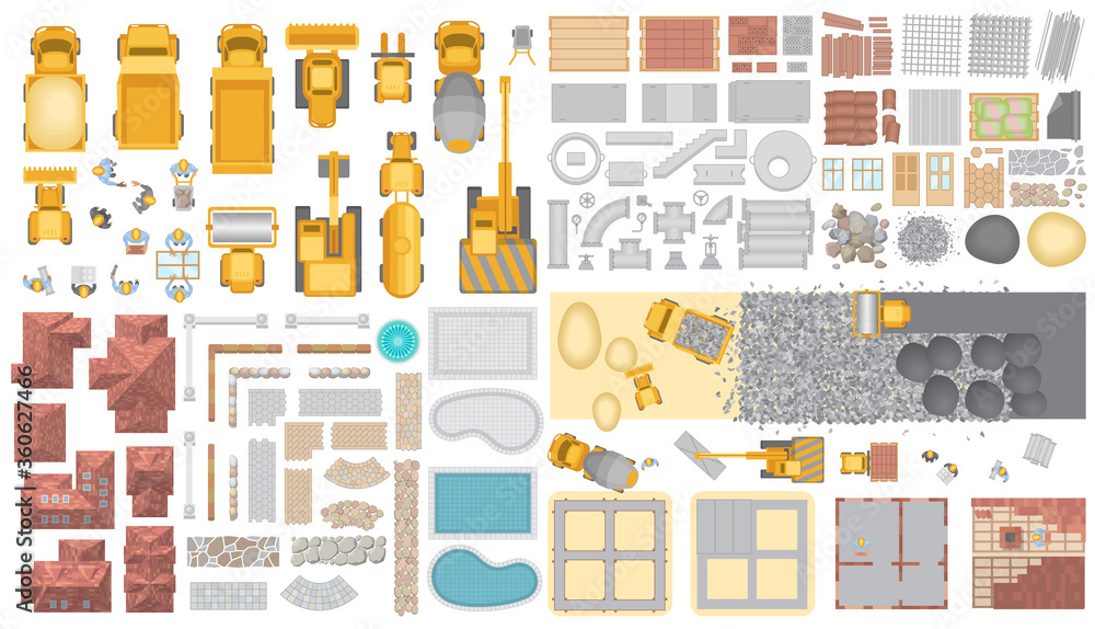 Vector set. Construction. Top view. Construction machinery, building ...