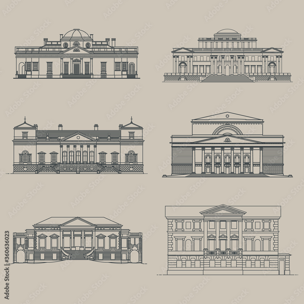 Classic Architecture Buildings Facade Drawings, Old Sketches ...