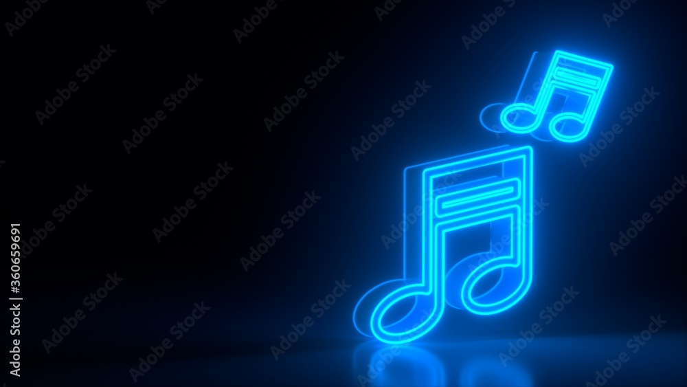 Futuristic glowing blue neon musical notes symbol on black dark ...