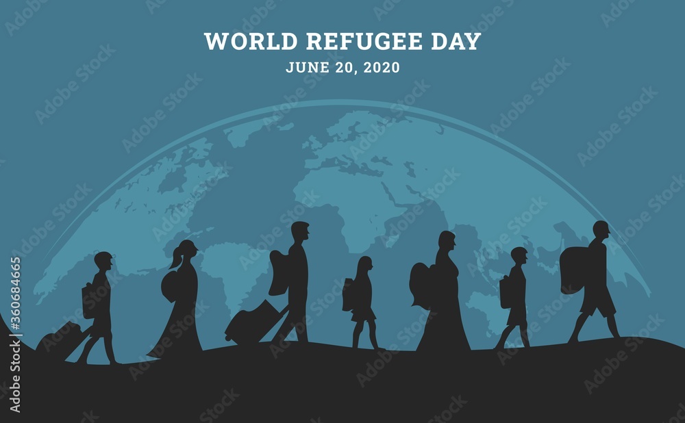 World refugee day background with muslim people walking seek for home ...