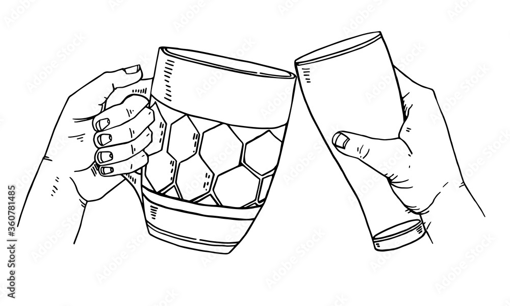 Two hands with beer mugs. Hand drawn outline vector sketch illustration ...