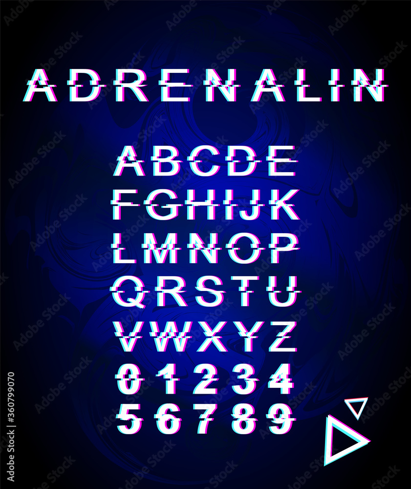 Adrenaline glitch font template. Retro futuristic style vector alphabet ...