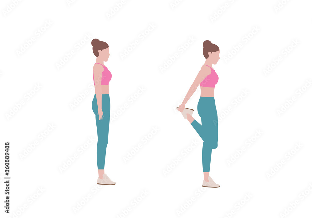 Young woman doing quadriceps stretch, cool down exercise. for doing ...