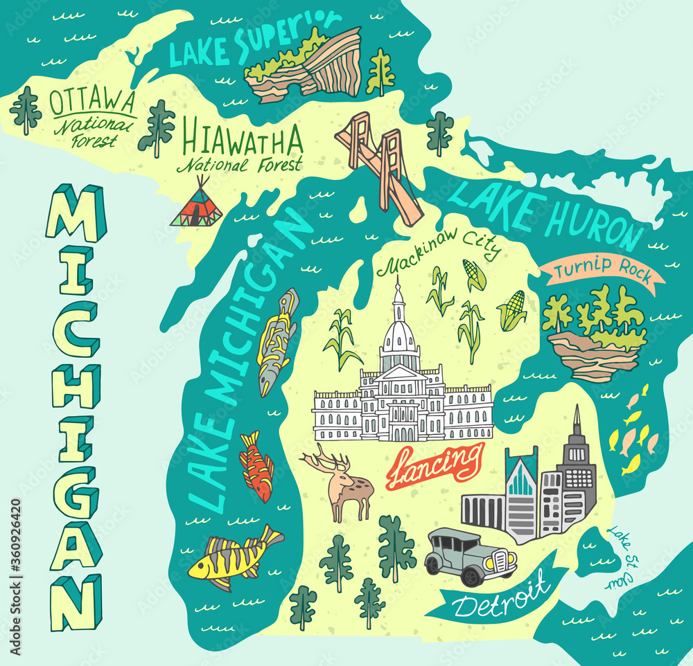 Illustrated map of Michigan, USA. Travel and attractions. Souvenir ...