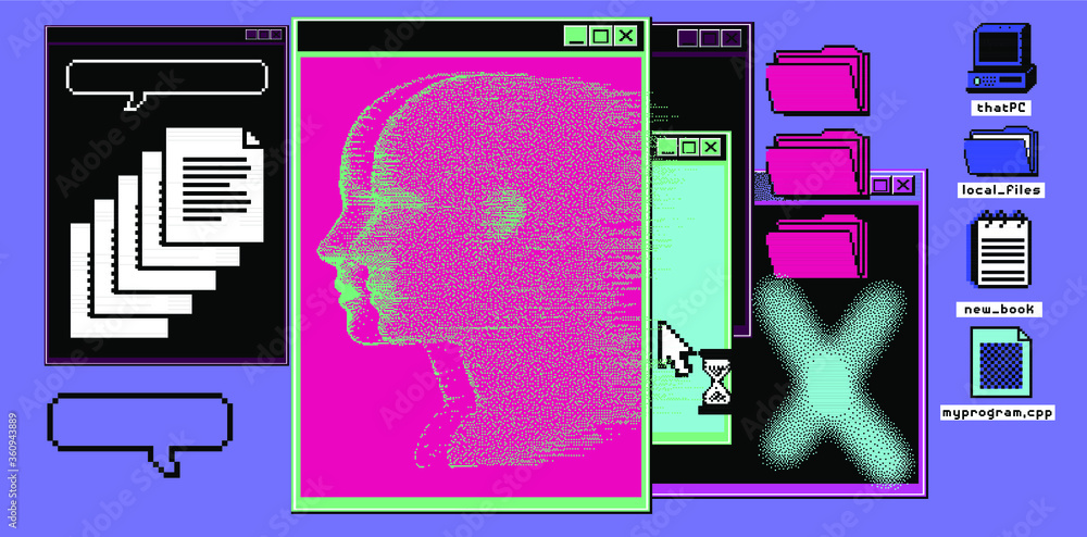 Surreal retrofuturistic vaporwave style background with user interface ...