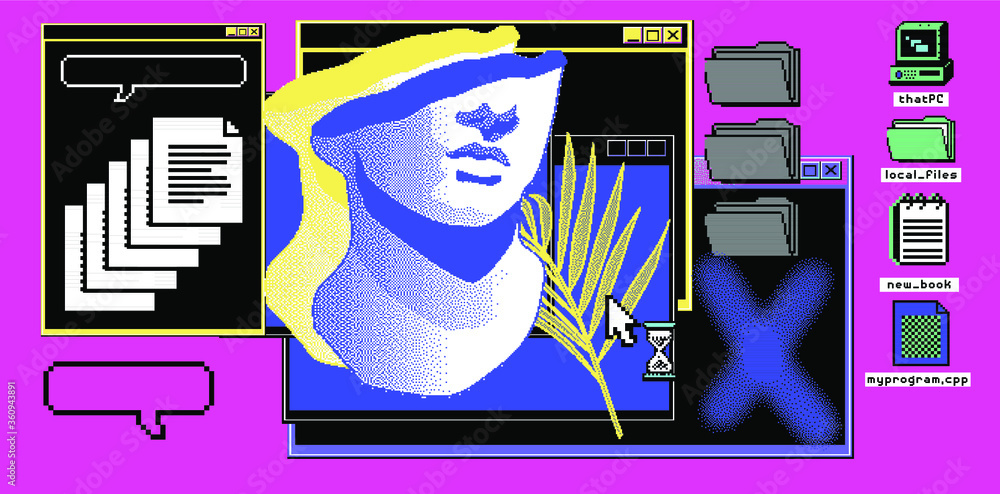 Cyberpunk-style collage with plaster 3D head and pixel artifacts ...