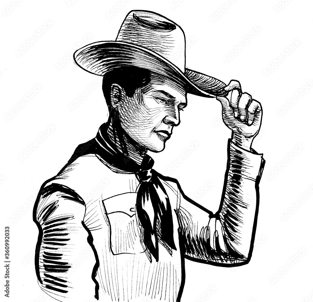 American cowboy raising hat. Ink black and white drawing Stock ...