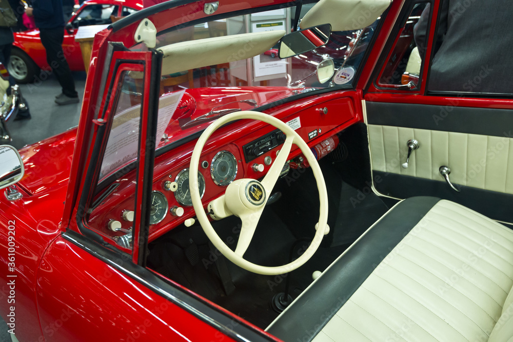 Cockpit of an Amphicar Typ 770, amphibian vehicle powered by a engine ...