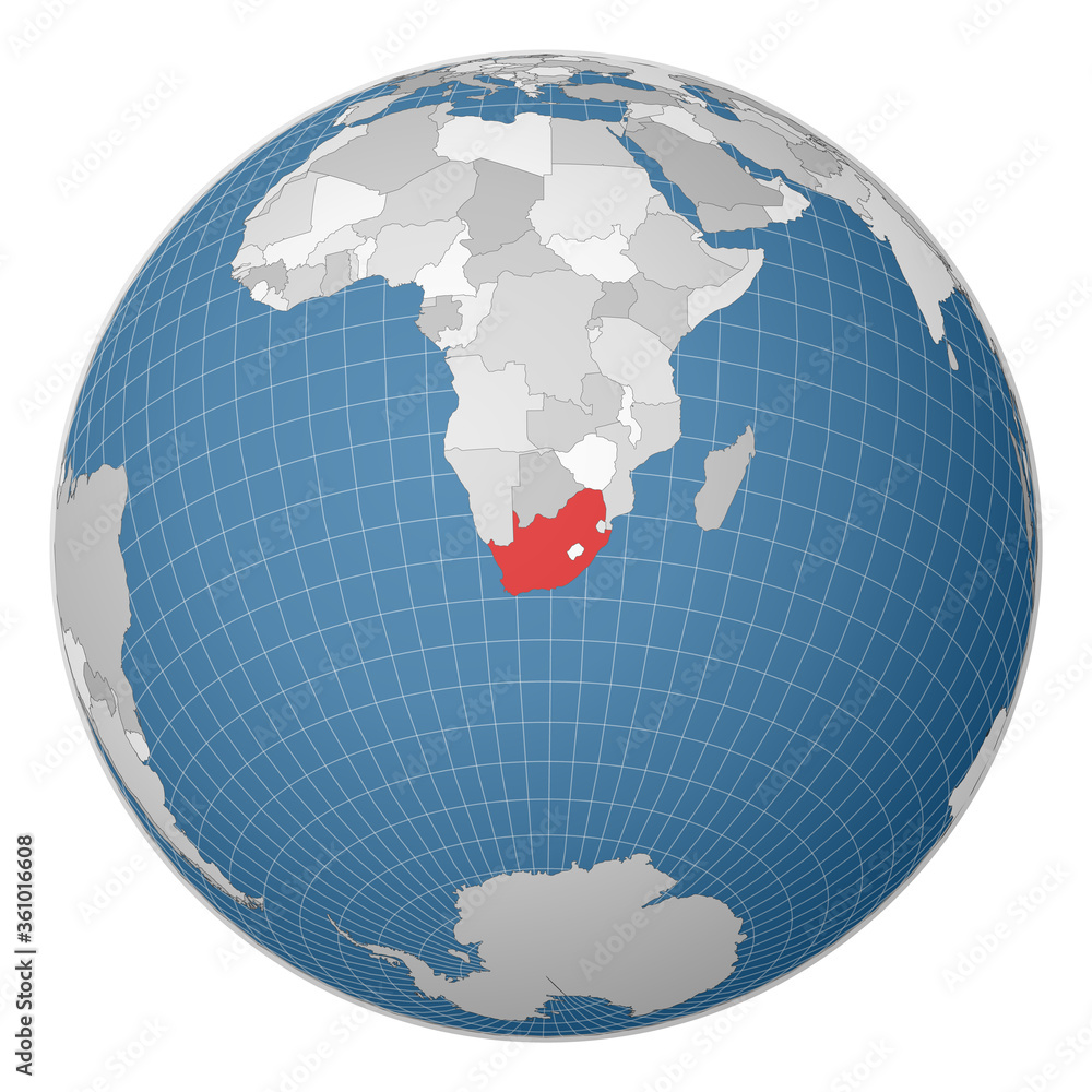 Globe centered to South Africa. Country highlighted with green color on ...