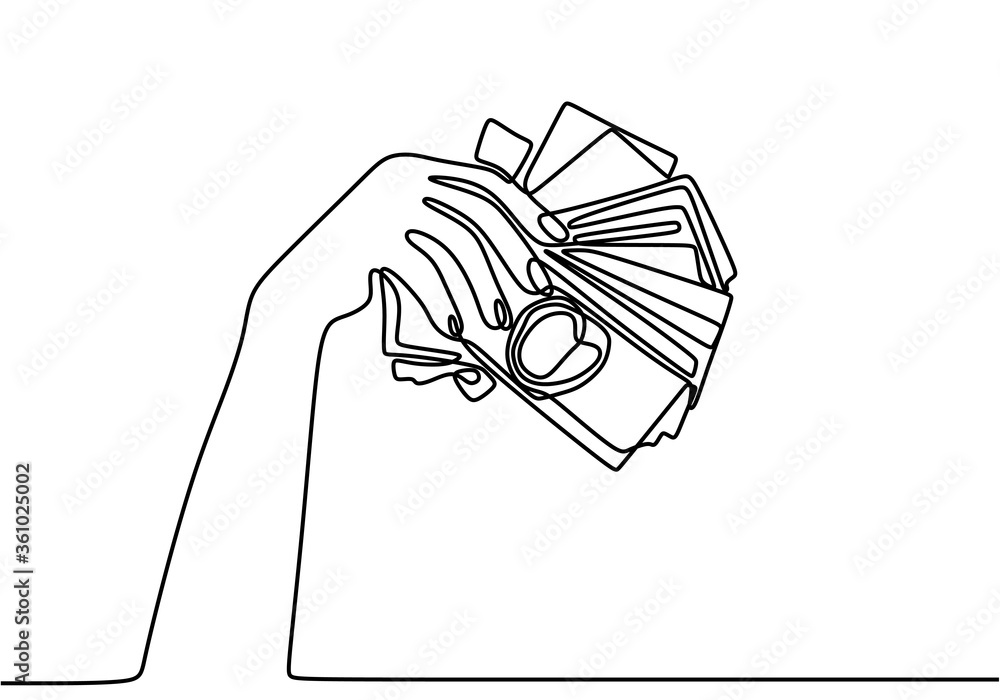 Continuous line drawing of hands holding piles of money banknotes ...