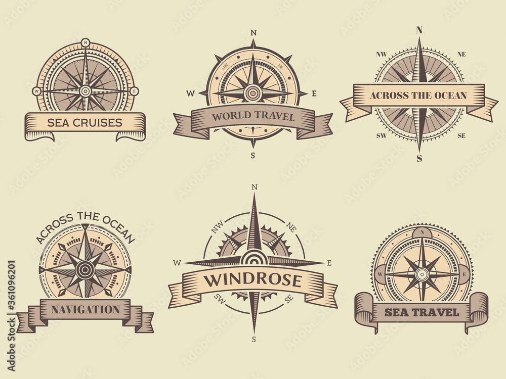 Nautical labels. Wind rose sea compass vector badges marine travel ...
