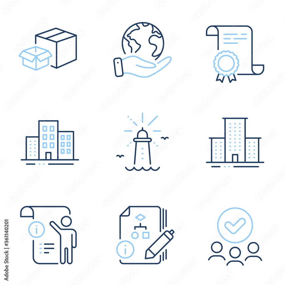 Manual doc, Buildings and Algorithm line icons set. Diploma certificate, save planet, group of ...