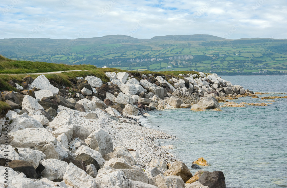 Carnlough Bay on the coast of County Antrim, Northern Ireland, with the ...