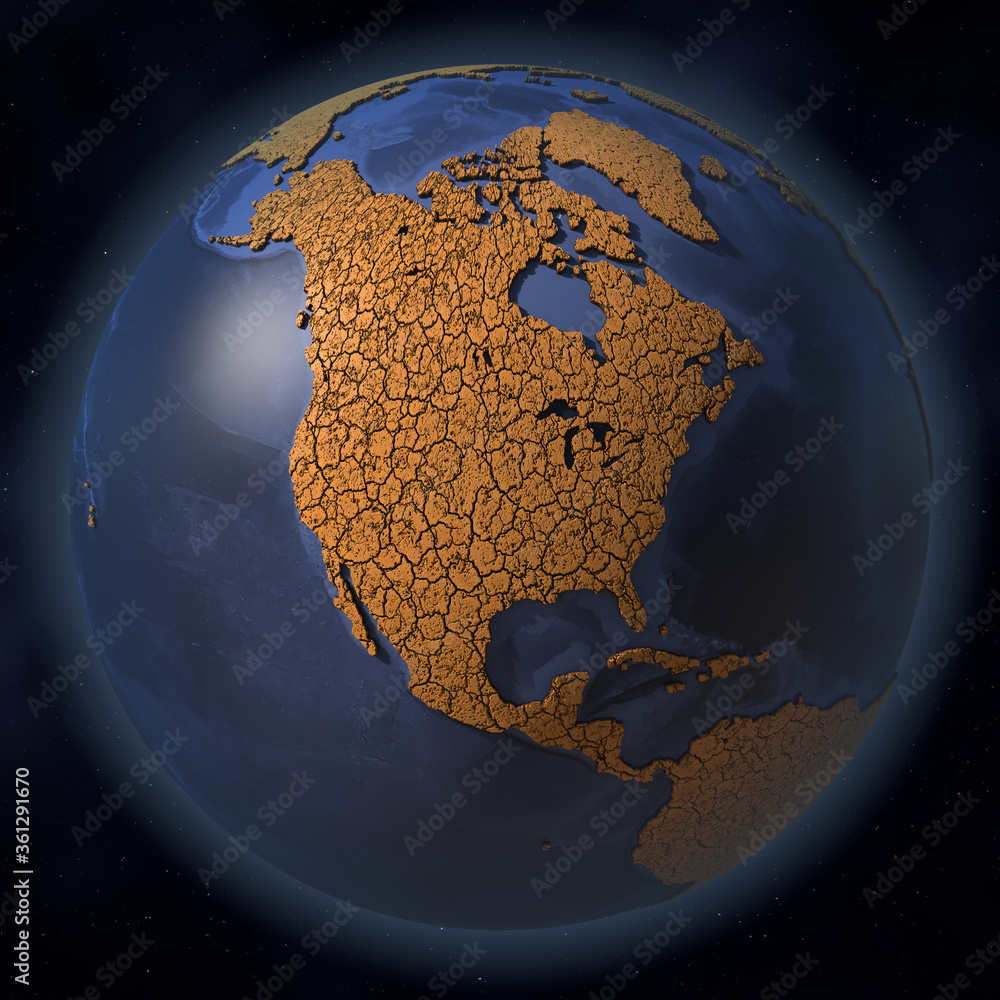 Continent of North America covered with dry cracked earth. Disastrous ...