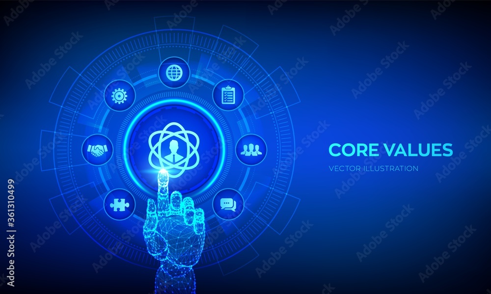 Core Values. Responsibility Ethics Goals Company concept on virtual ...