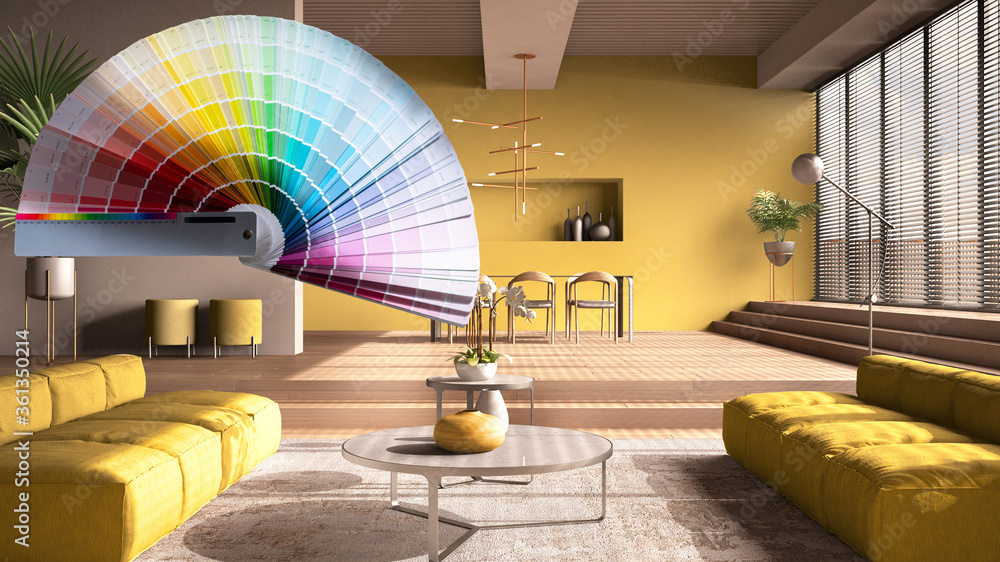 Color palette samples over modern living room in yellow tones, hall ...