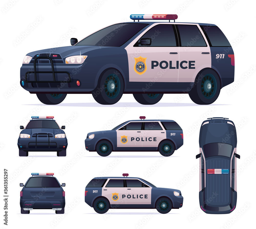 Police car set. Patrol official vehicle, cop automobile chase and ...