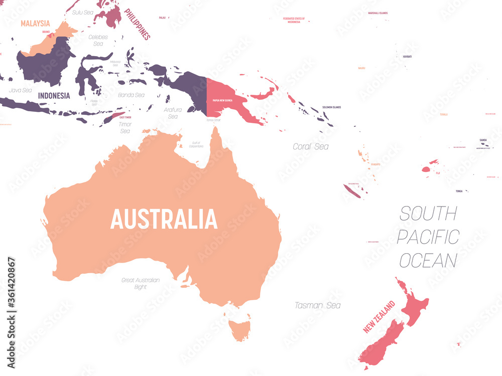 Australia and Oceania map. High detailed political map of australian and pacific region with ...
