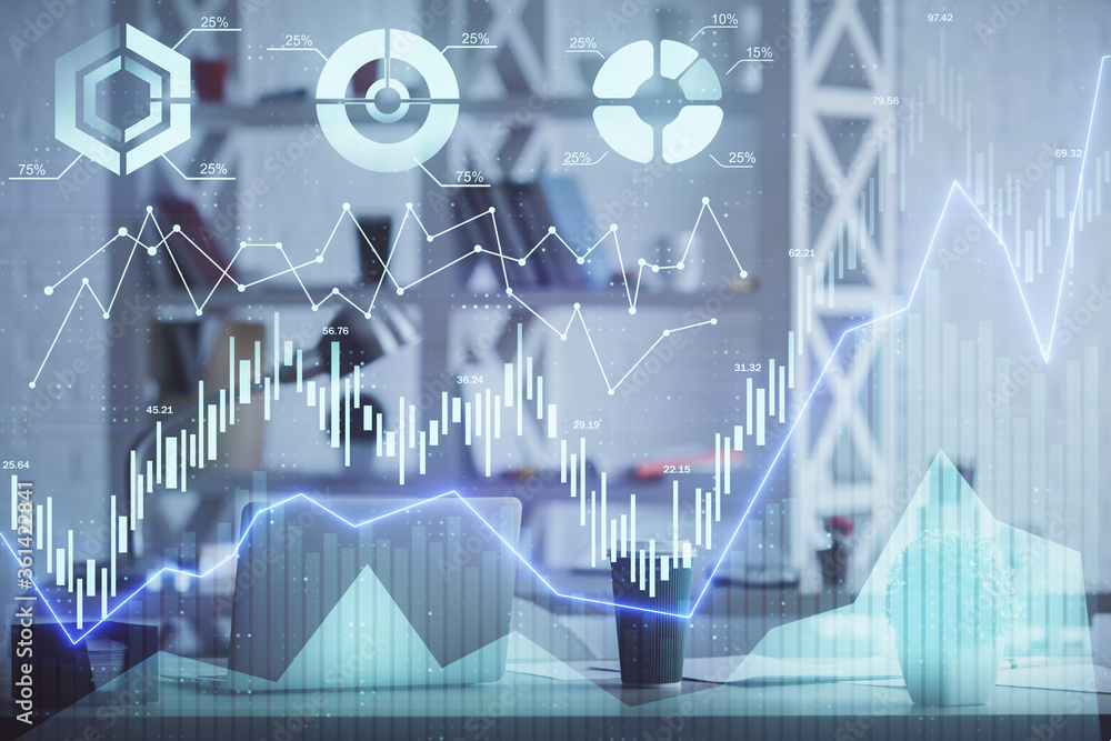 Double exposure of stock market graph drawing and office interior ...