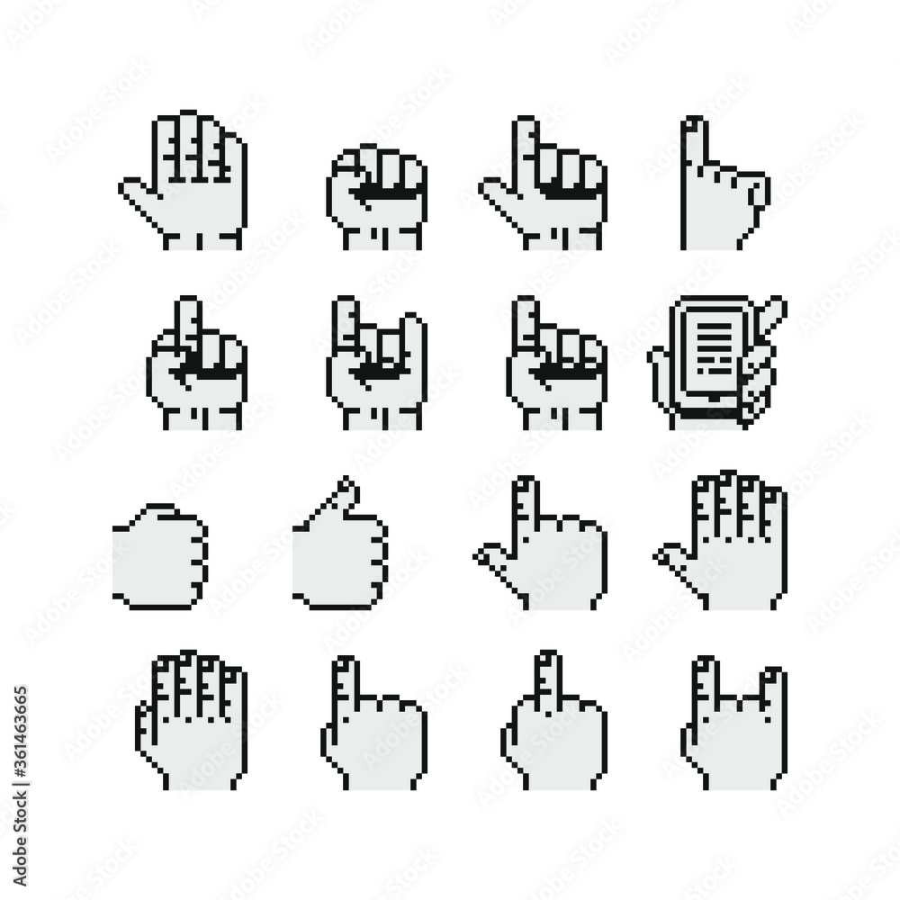 Vector de Stock Hands cursor pixel art icons set, hand poses, pointer ...