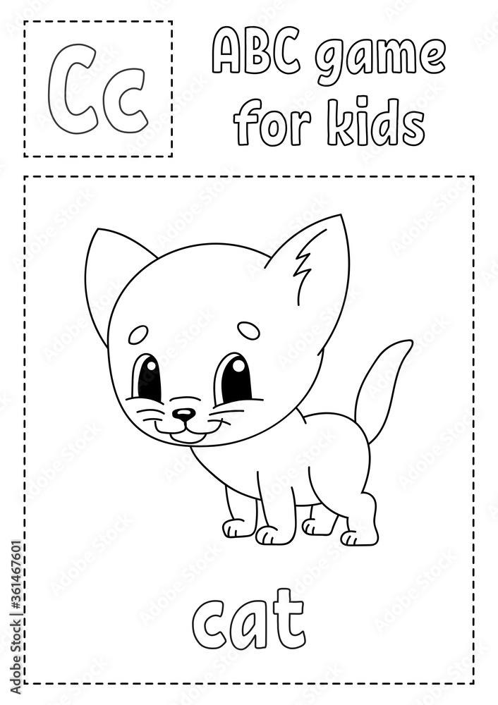 ABC game for kids. Alphabet coloring page. Cartoon character. Word and ...