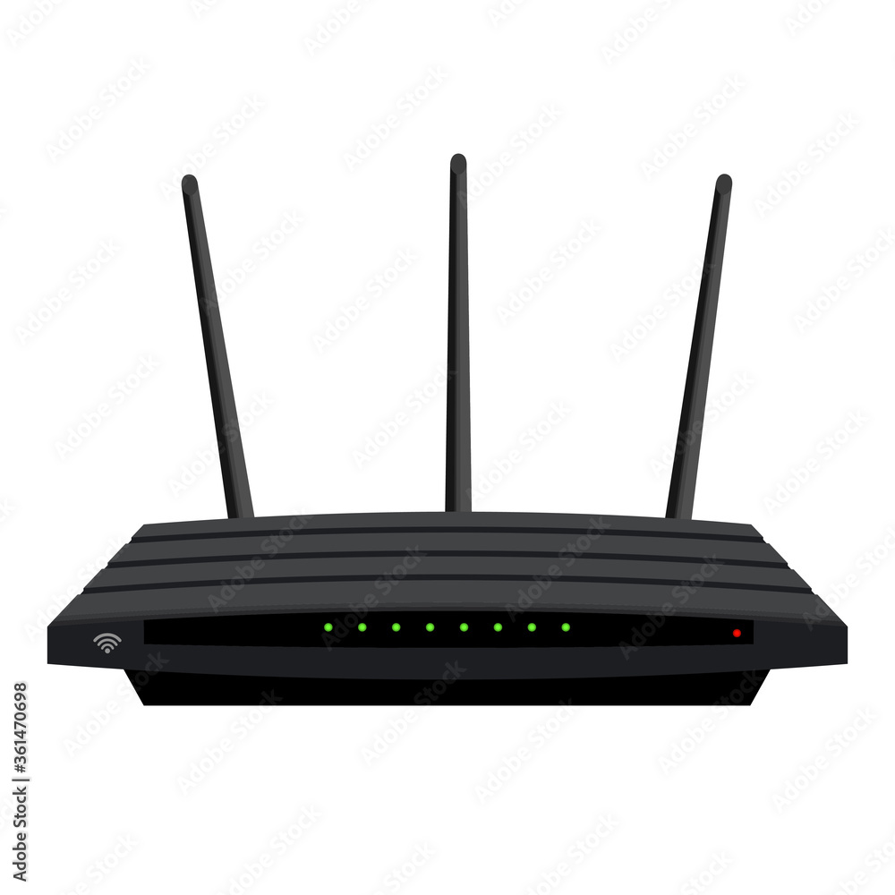 Realistic Wi-Fi router with three antennas isolated on white. Green ...