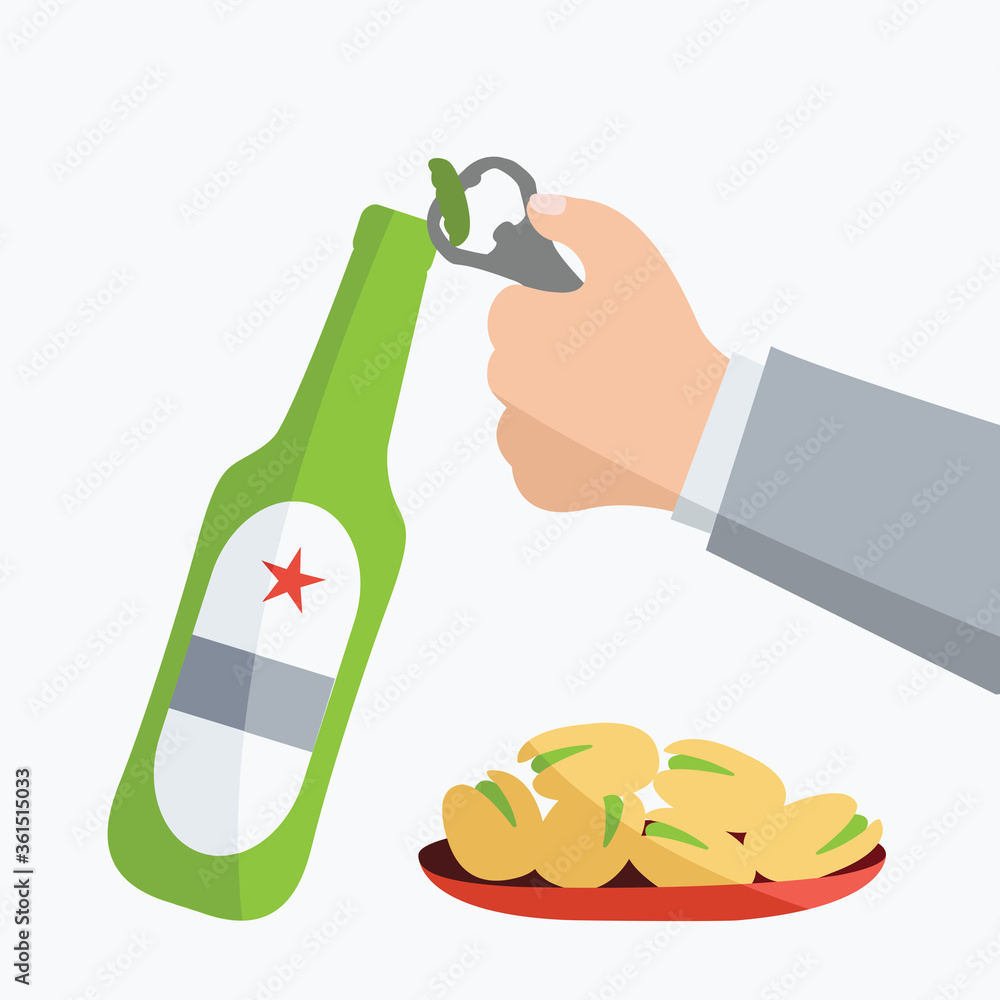 Vector de Stock hand holds alcohol isolated art & opens with opener ...