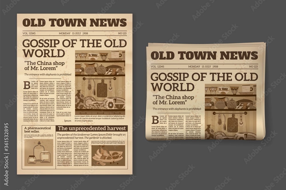 Old newspaper. Vintage magazine front page mockup. Two realistic pages ...