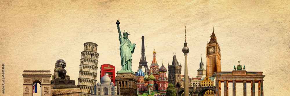 World landmarks and famous monuments collage isolated on panoramic ...