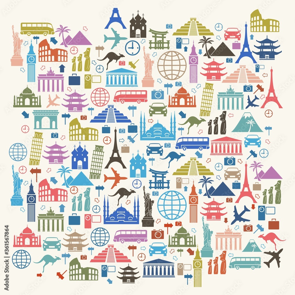Icons world tourist attractions. The symbols travel around the world ...