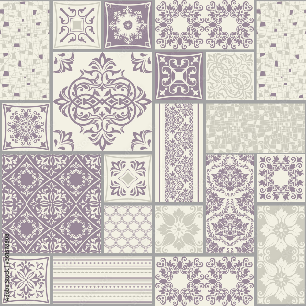 Seamless patchwork tile with Victorian motives. Majolica pottery tile, colored azulejo, original ...