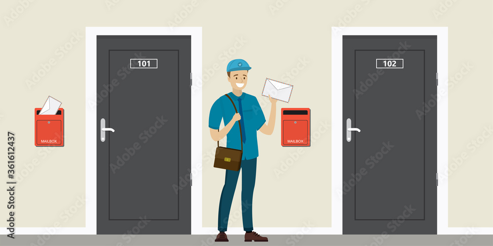 Happy caucasian postman hold letter. Closed doors and red mailboxes ...