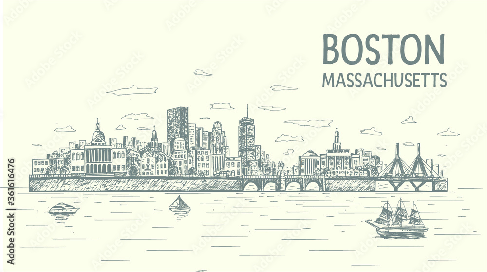 Boston city skyline with popular landmarks hand drawn, sketch style ...