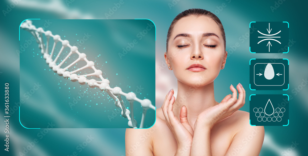 Digital image with DNA stem shows young woman face and infographic skin ...