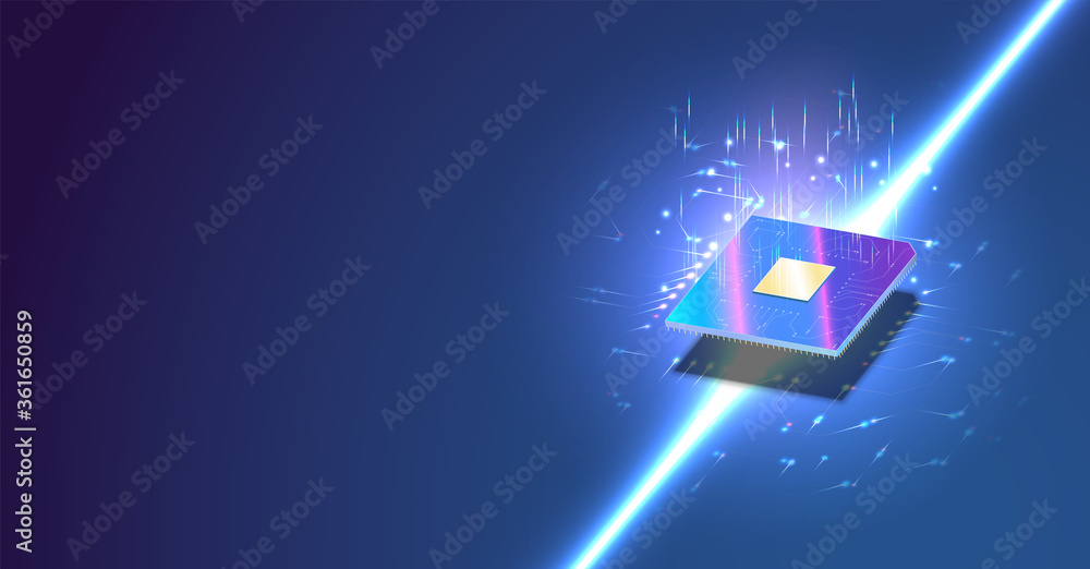 CPU isometric banner. Control Computer Processors CPU concept. Vector Futuristic microchip ...