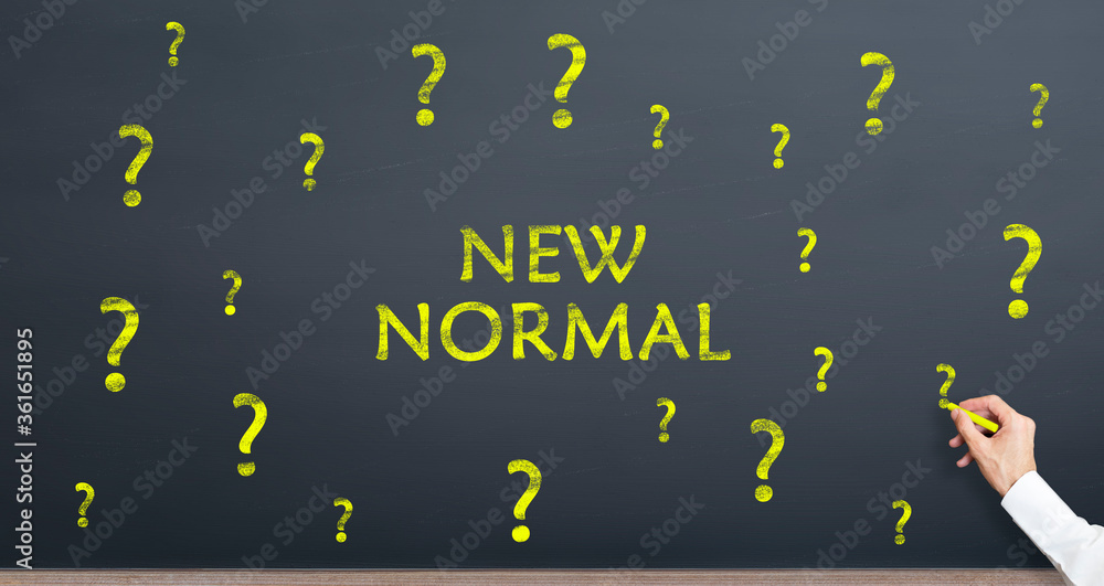 New normal and question mark concept on chalkboard. Normalization ...