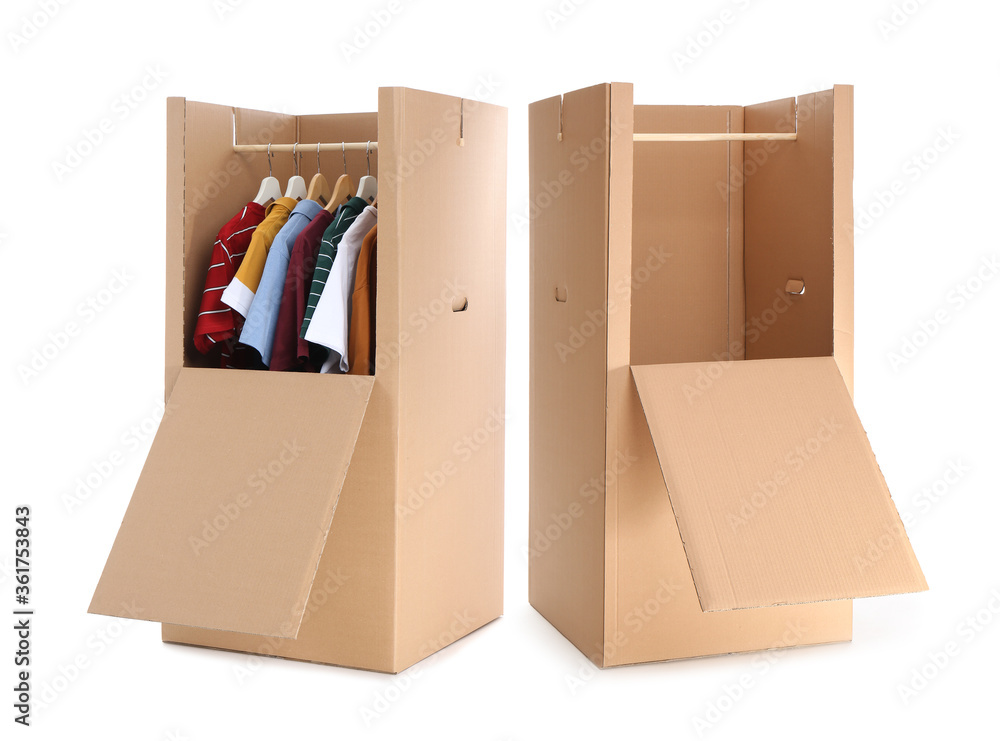 Cardboard wardrobe boxes with clothes on white background Stock Photo ...