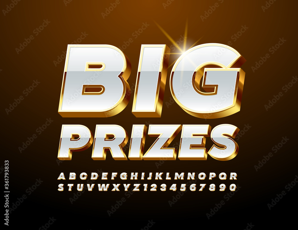 Vector promo banner Big Prizes with 3D White and Gold Font. Luxury ...