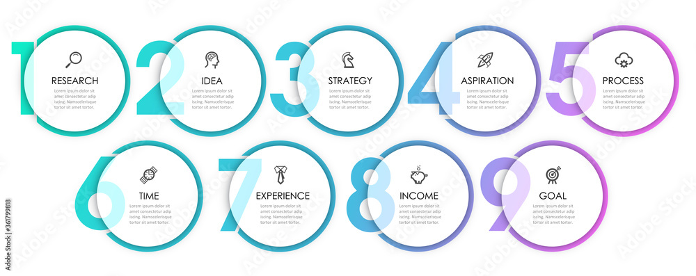 Vector Infographic label design with 9 options or steps. Infographics ...
