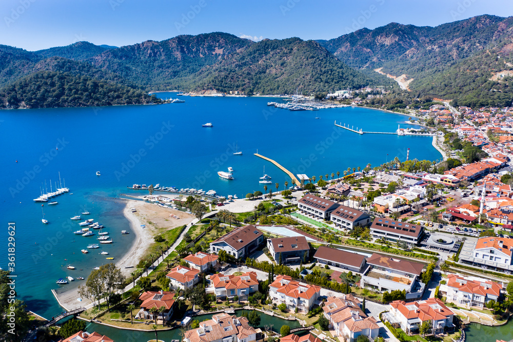 Gocek harbor, bay and city of skyline aerial view. Mediterranean coast ...