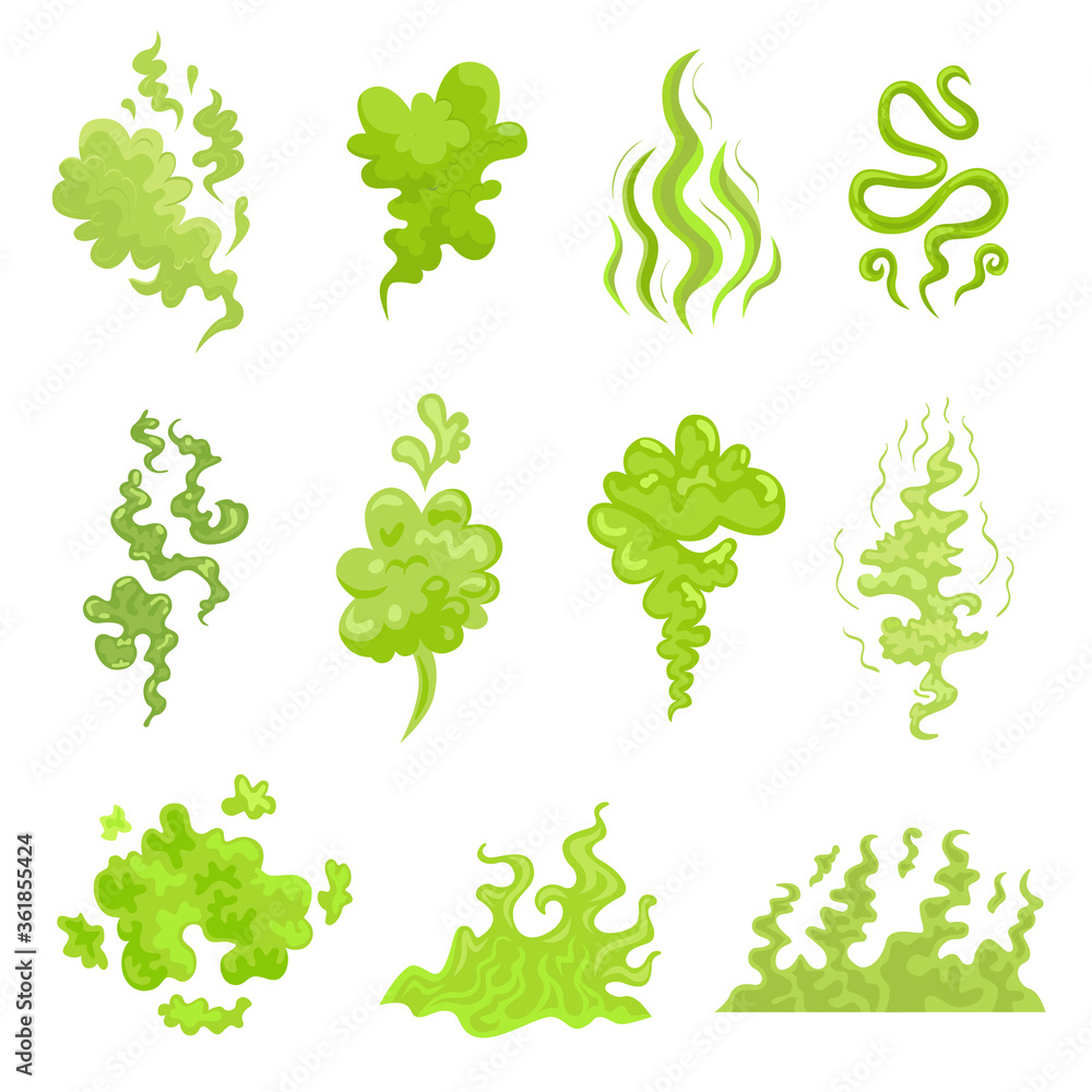 Various bad smell odor clouds flat icon set. Cartoon green toxic steam ...