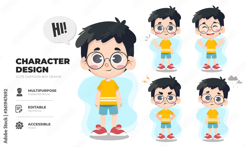 Cute Cartoon Boy Character Design Stock Vector | Adobe Stock