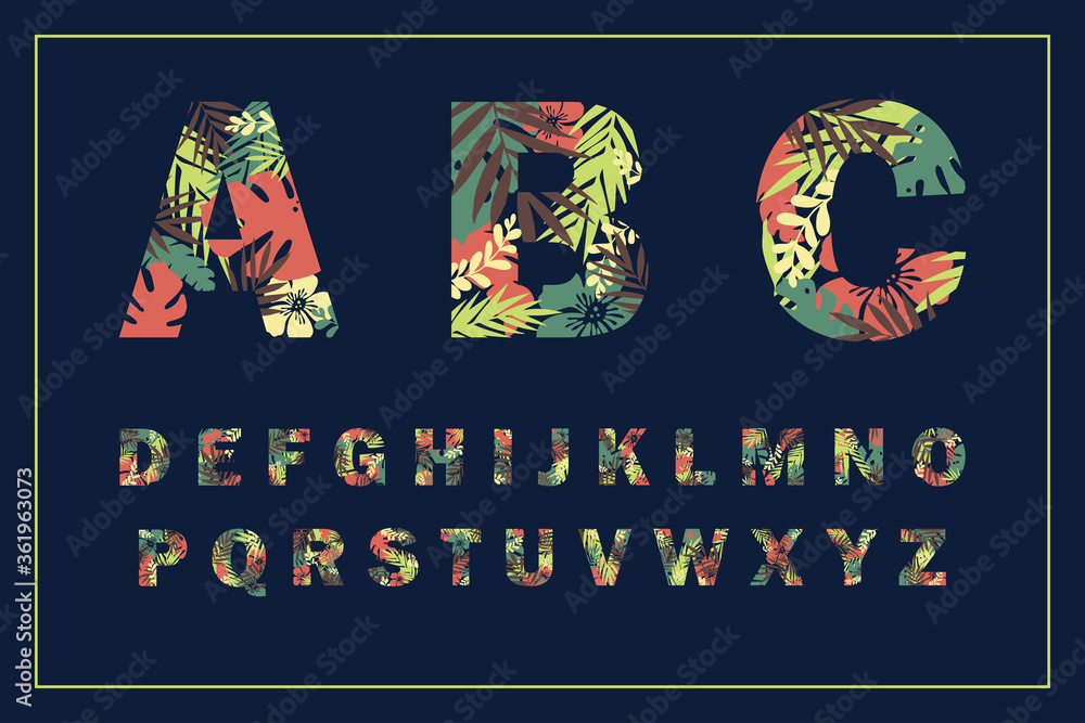 Floral letters, tropical palm leaves alphabet characters, natural ...