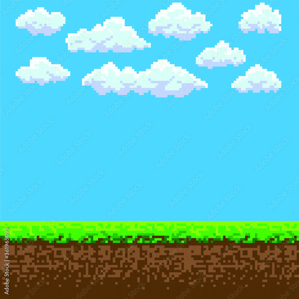 Pixel art game background with ground, grass, sky and clouds. Stock ...