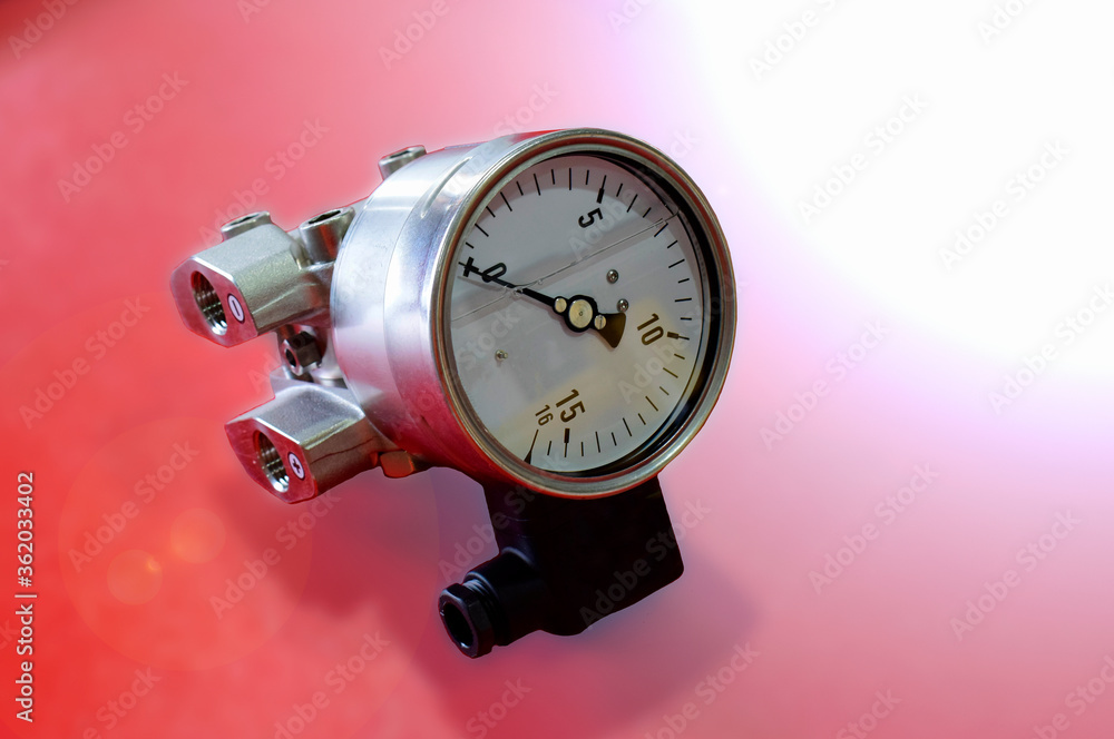 Water differential gauge. Water flow meter gauge. Stock Photo | Adobe Stock