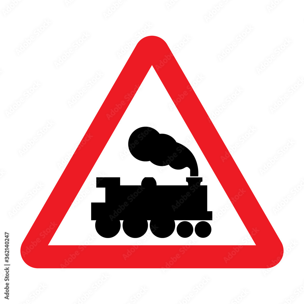 Railway train level crossing road sign. Vector illustration of warning ...