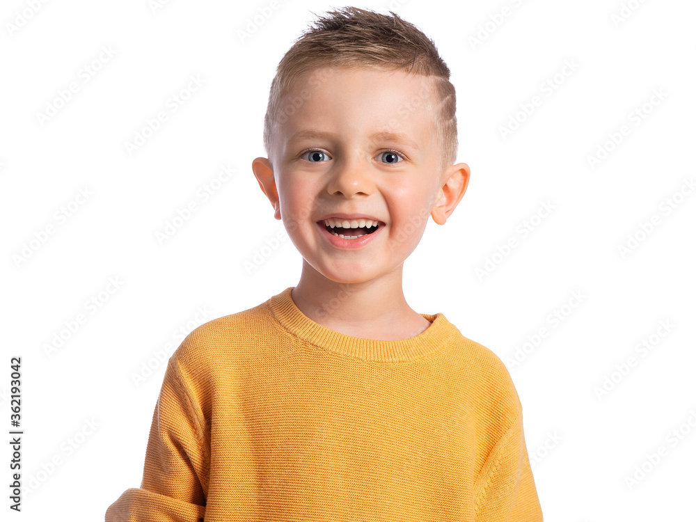 Stock-Foto „Portrait of a beautiful European boy 6 years old on a white ...