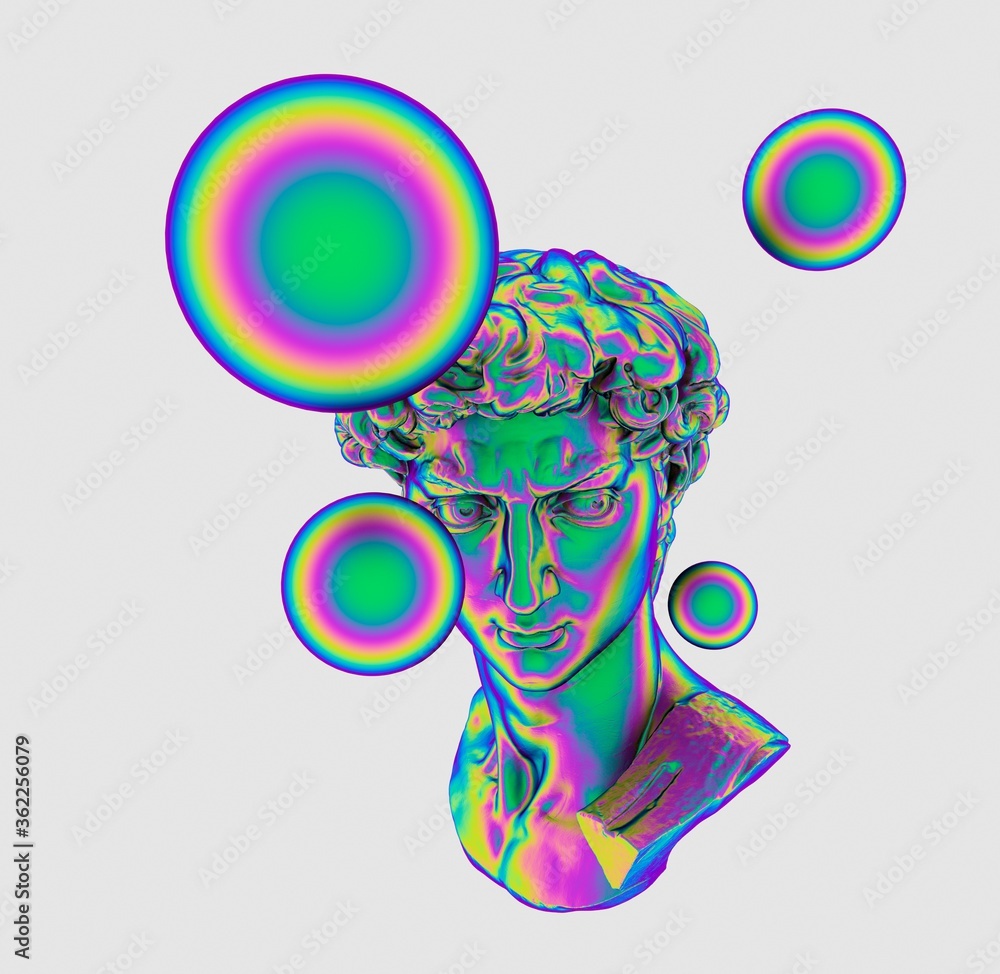 3D rendering of Michelangelo's David head. Holographic chromium bust ...