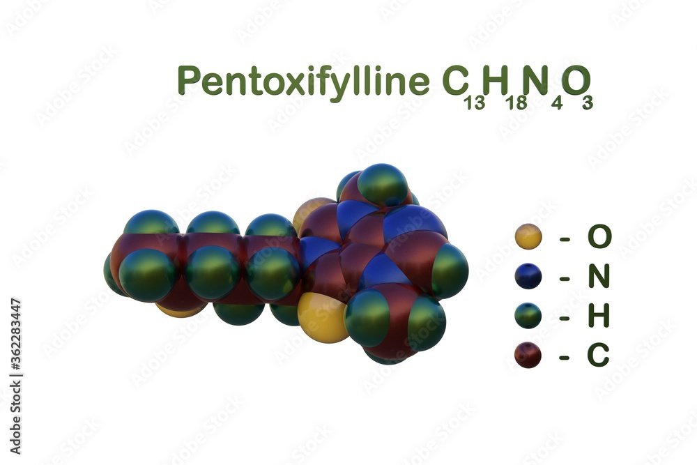 Structural chemical formula and molecular model of pentoxifylline. It ...